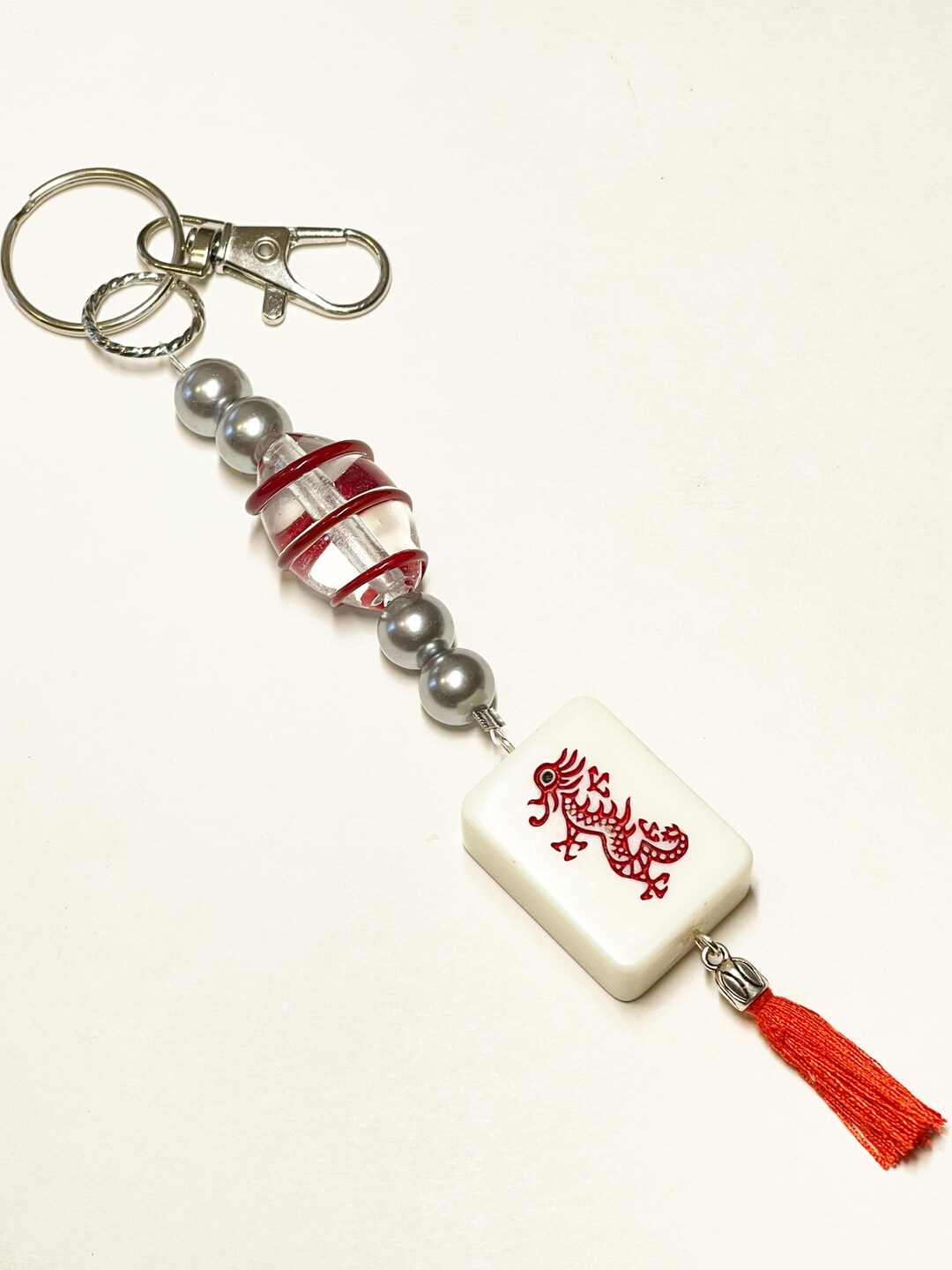 Keychain: Genuine Red Dragon Mahjong Tile, Clear Glass Bead With Red ...