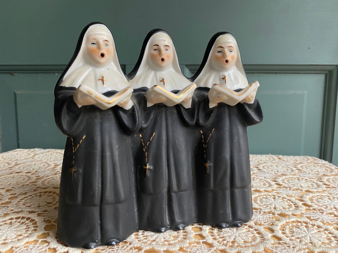 Nun Ceramic Statue Music Box 3 Nuns Handpainted Ceramic Figure Music ...