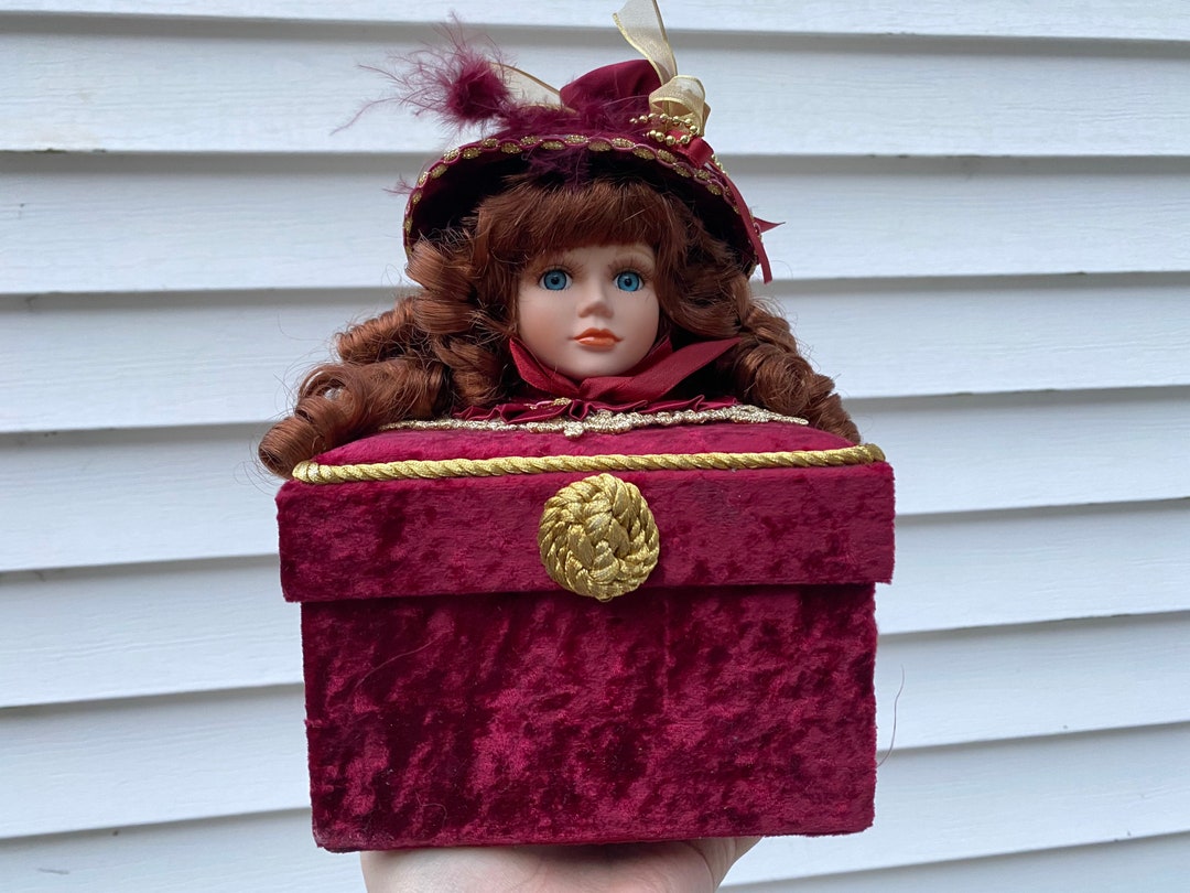 Vintage Velvet Doll Head Box - Red Fabric, Brunette Curly Hair ...