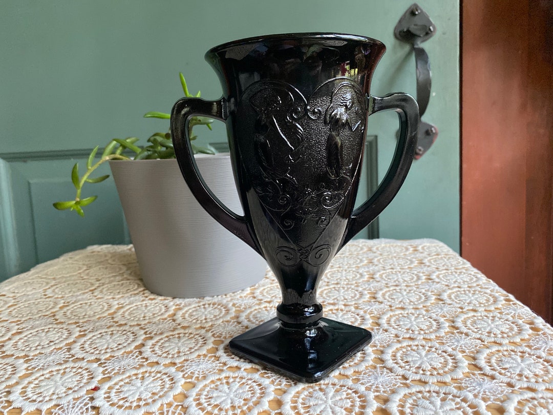 Vintage Black Amethyst Glass Trophy Style Vase Urn With Nymphs / Women ...