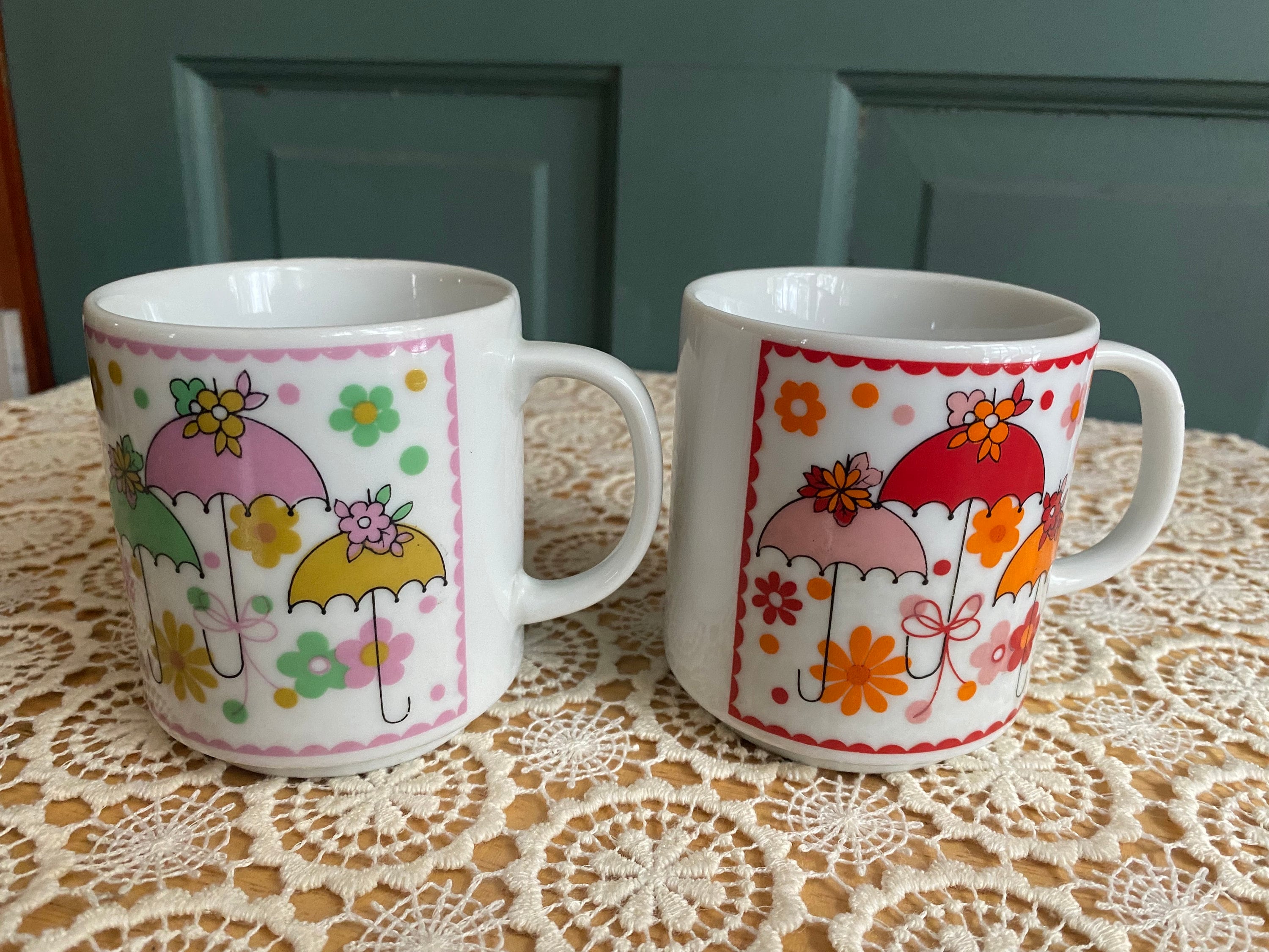 Two Cute Vintage Groovy Flower Mugs Colorful Floral Umbrella Design ...