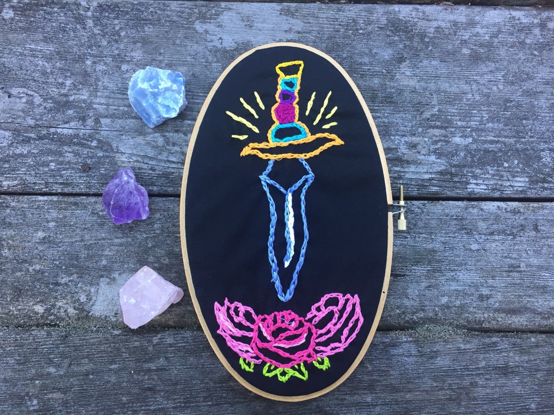 Dagger & Roses Tattoo Type Design Embroidery Hoop | READY TO HANG ...