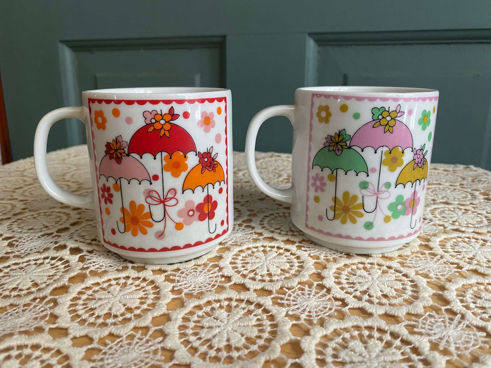 Two Cute Vintage Groovy Flower Mugs Colorful Floral Umbrella Design ...