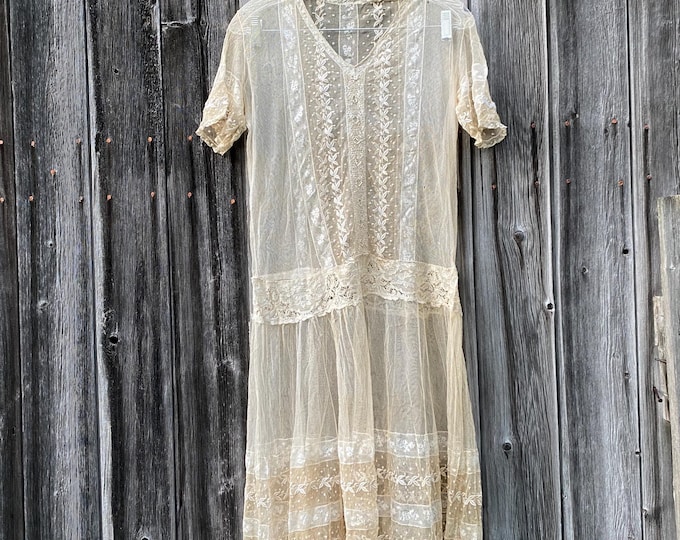 Vintage Antique off White Lace Over Dress | Floral Lace Netting, Drop ...