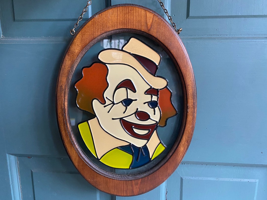 Vintage Clown Faux Stained Glass - Hanging Vintage Wood Frame Oval ...