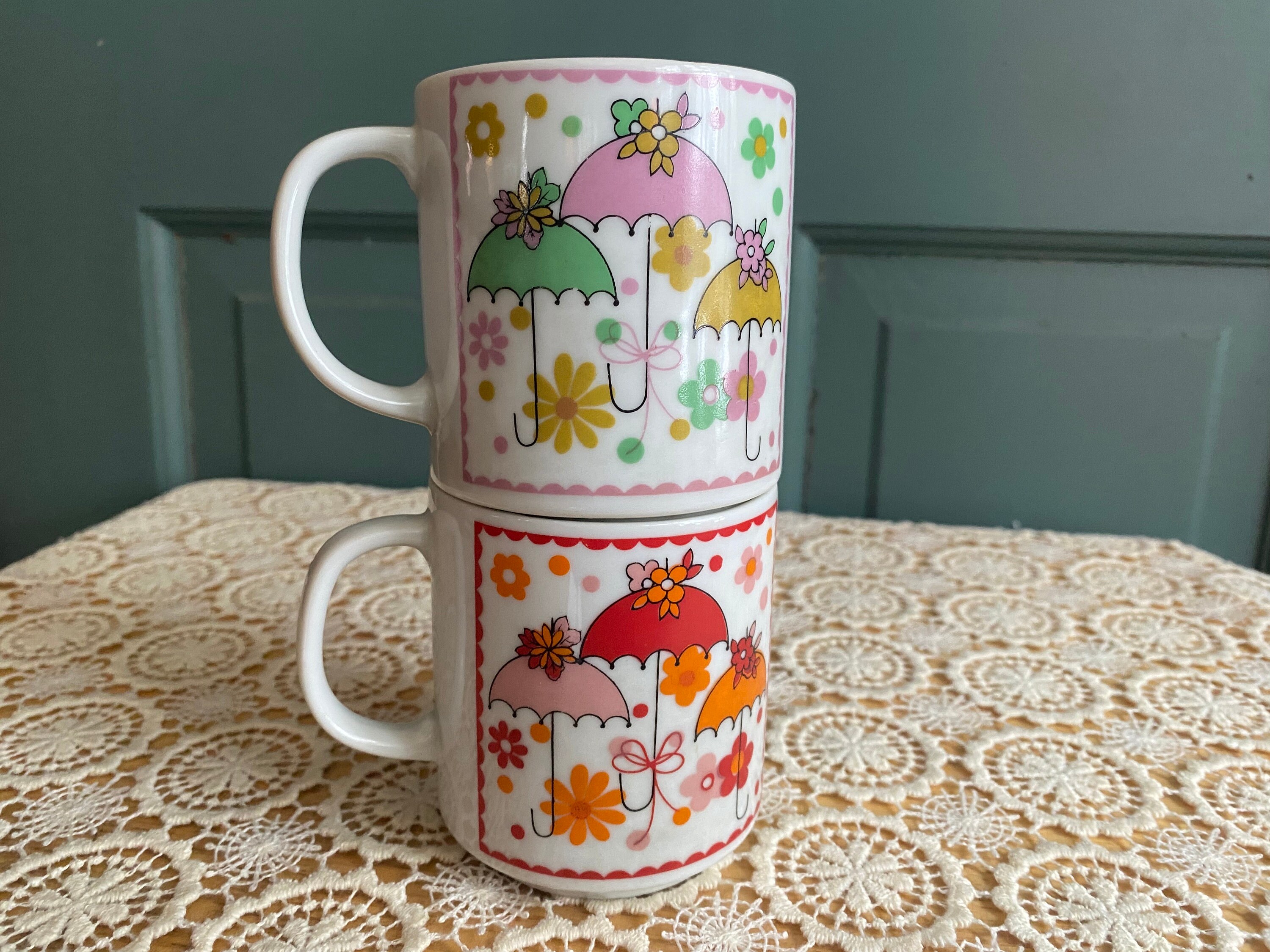 Two Cute Vintage Groovy Flower Mugs Colorful Floral Umbrella Design ...