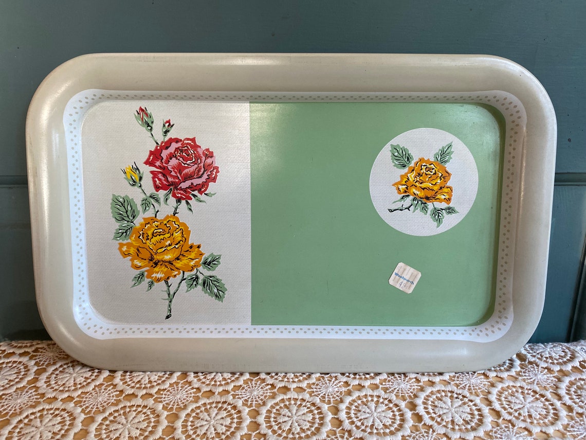 Vintage Mint Green Yellow Rose Red Roses Tray 14" X 8 3/4" Lightweight ...