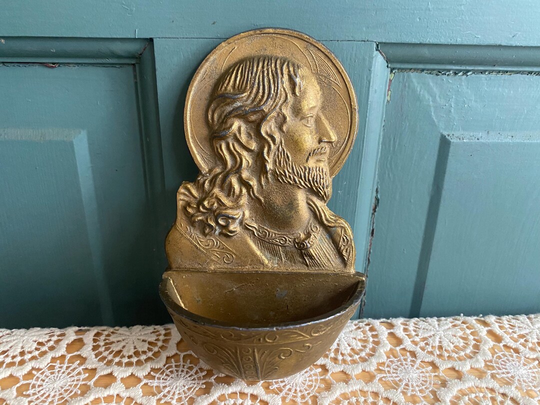Molded Metal Jesus Holy Water Font | Used/vintage Holy Water Religious ...