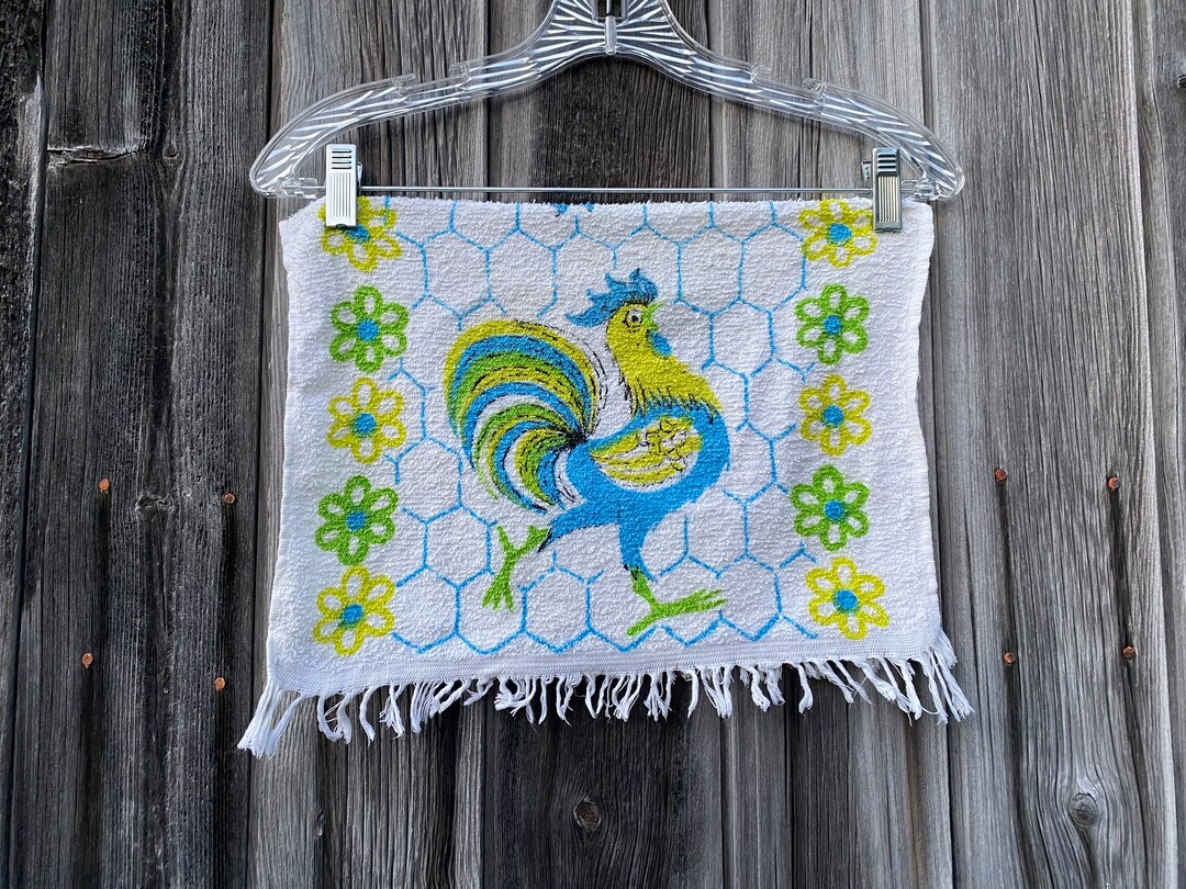 Fringed Green and Blue Rooster Pattern Kitchen Towel Vintage Towels Set ...