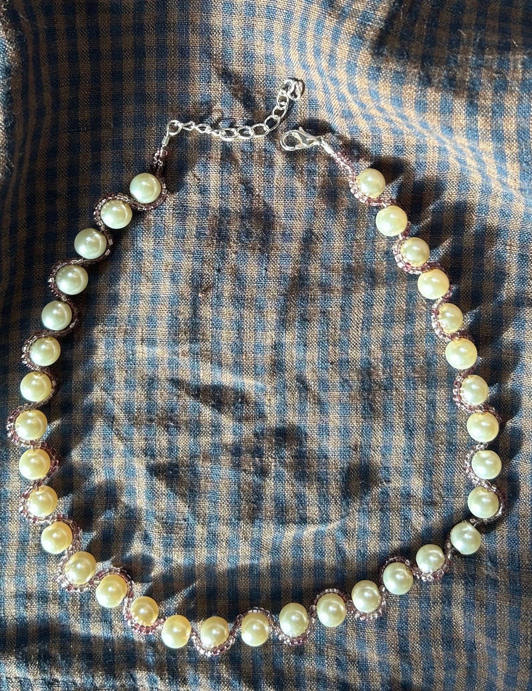 Pearl Beadwork Necklace - Faux Pearl and Purple Seed Bead Adjustable ...