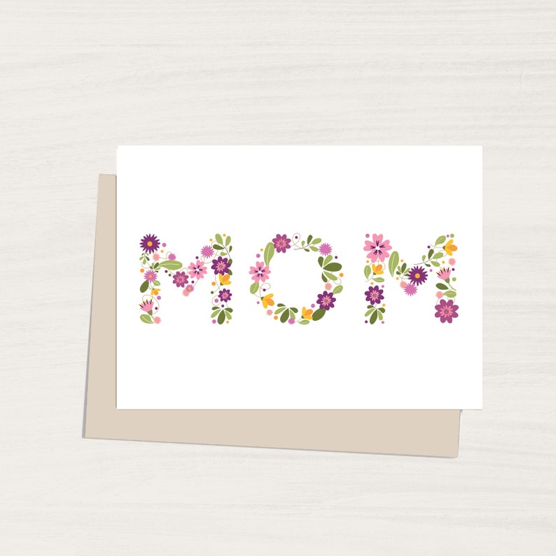 Floral Mom Lettering Card, Pink Purple Flowers, Mother's Day Greeting ...