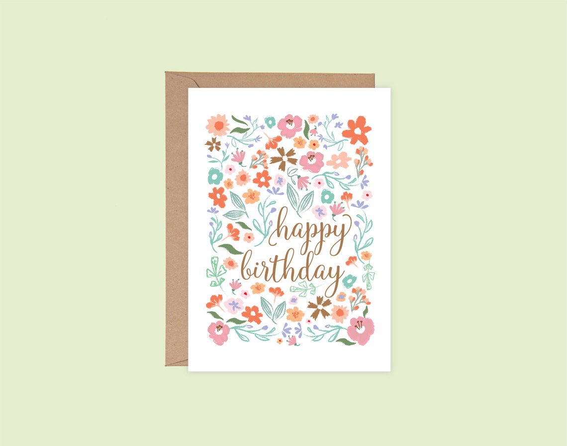 PRINTABLE Floral Happy Birthday Handwritten Script Flowers - Etsy