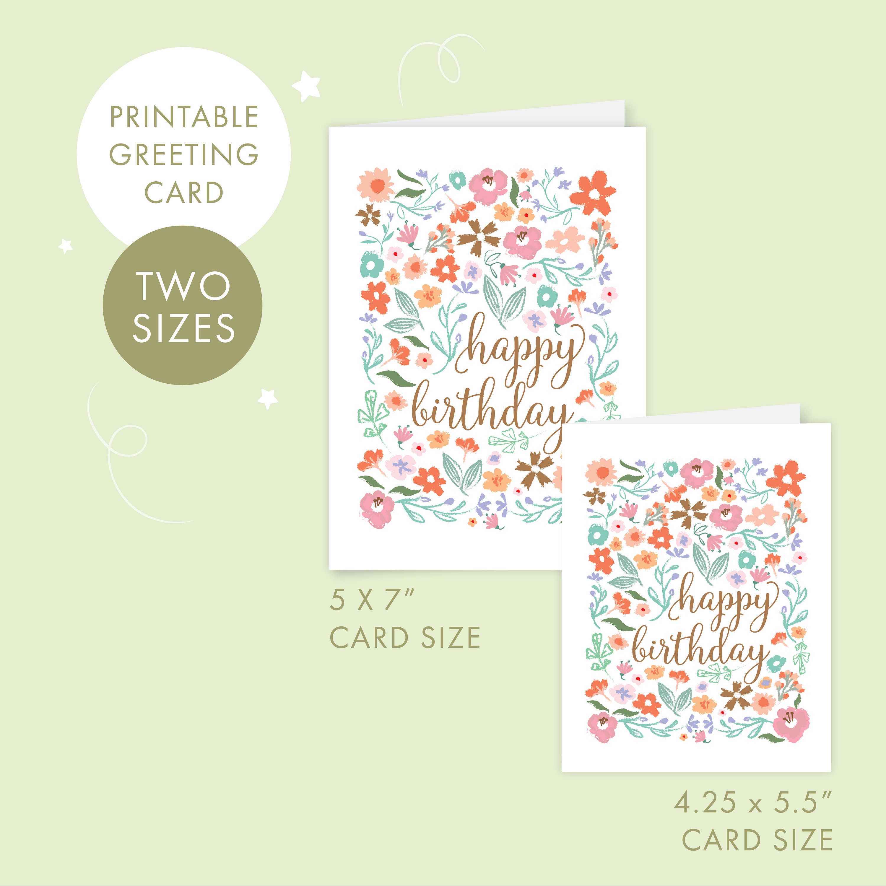 PRINTABLE Floral Happy Birthday Handwritten Script Flowers Card ...