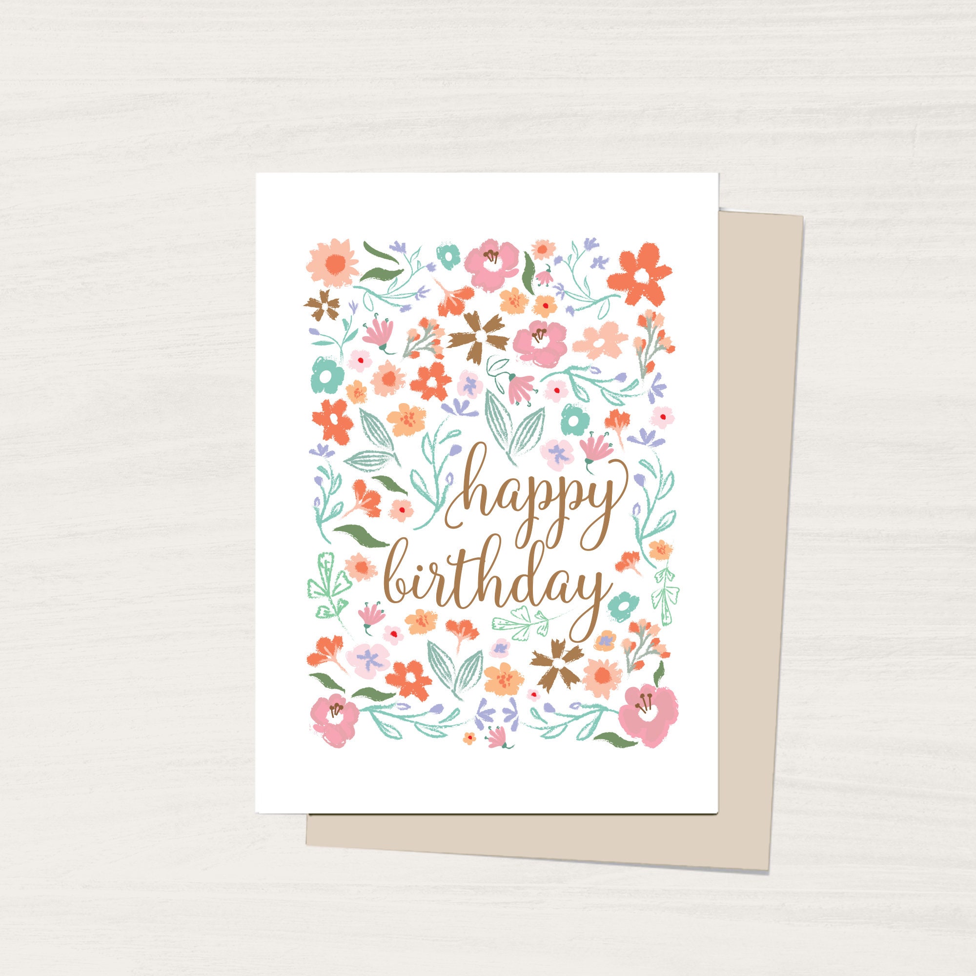 PRINTABLE Floral Happy Birthday Handwritten Script Flowers Card, Instant Digital Download ...
