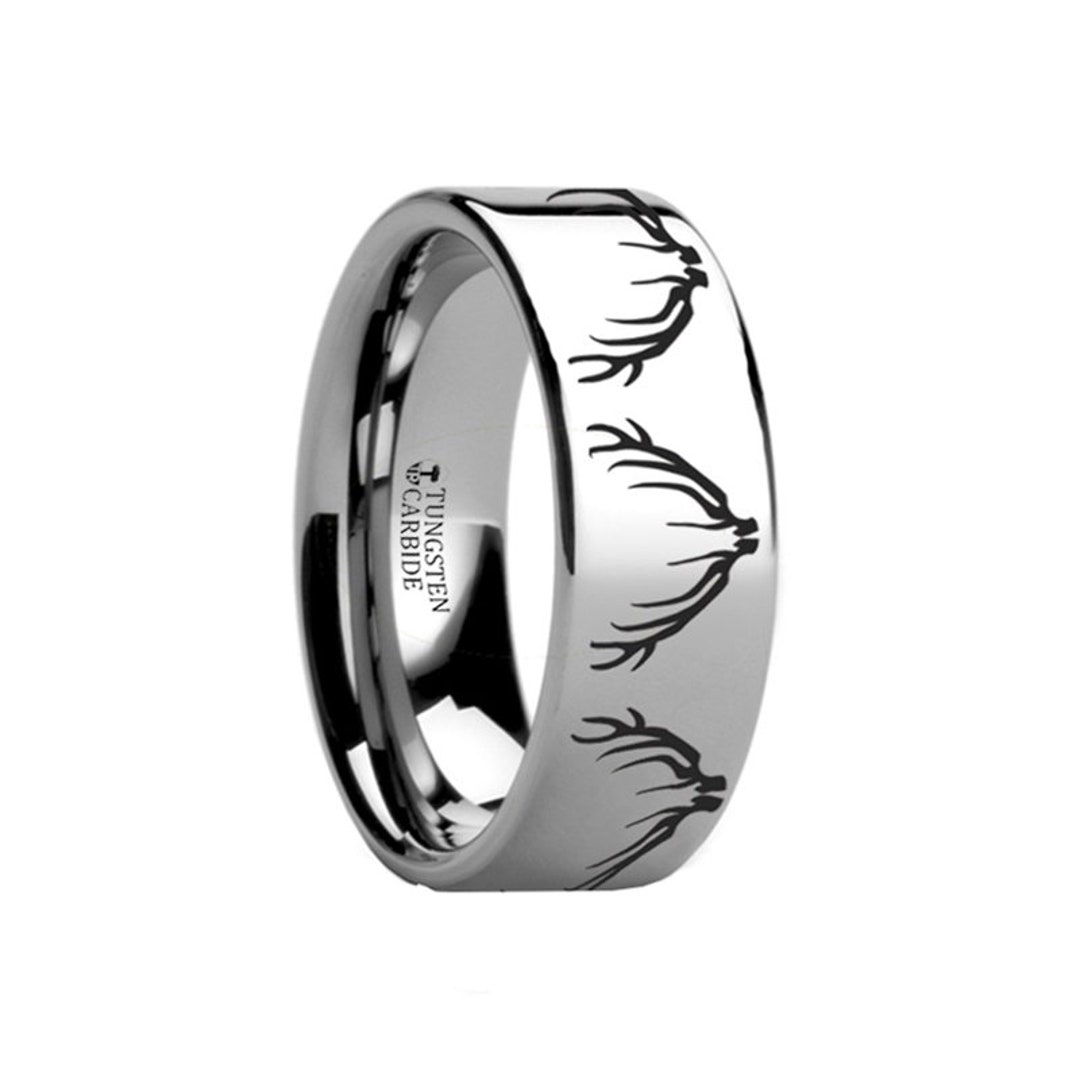 Antler Engraved Ring, Hunter Wedding Band, Flat Tungsten Ring, Animal ...