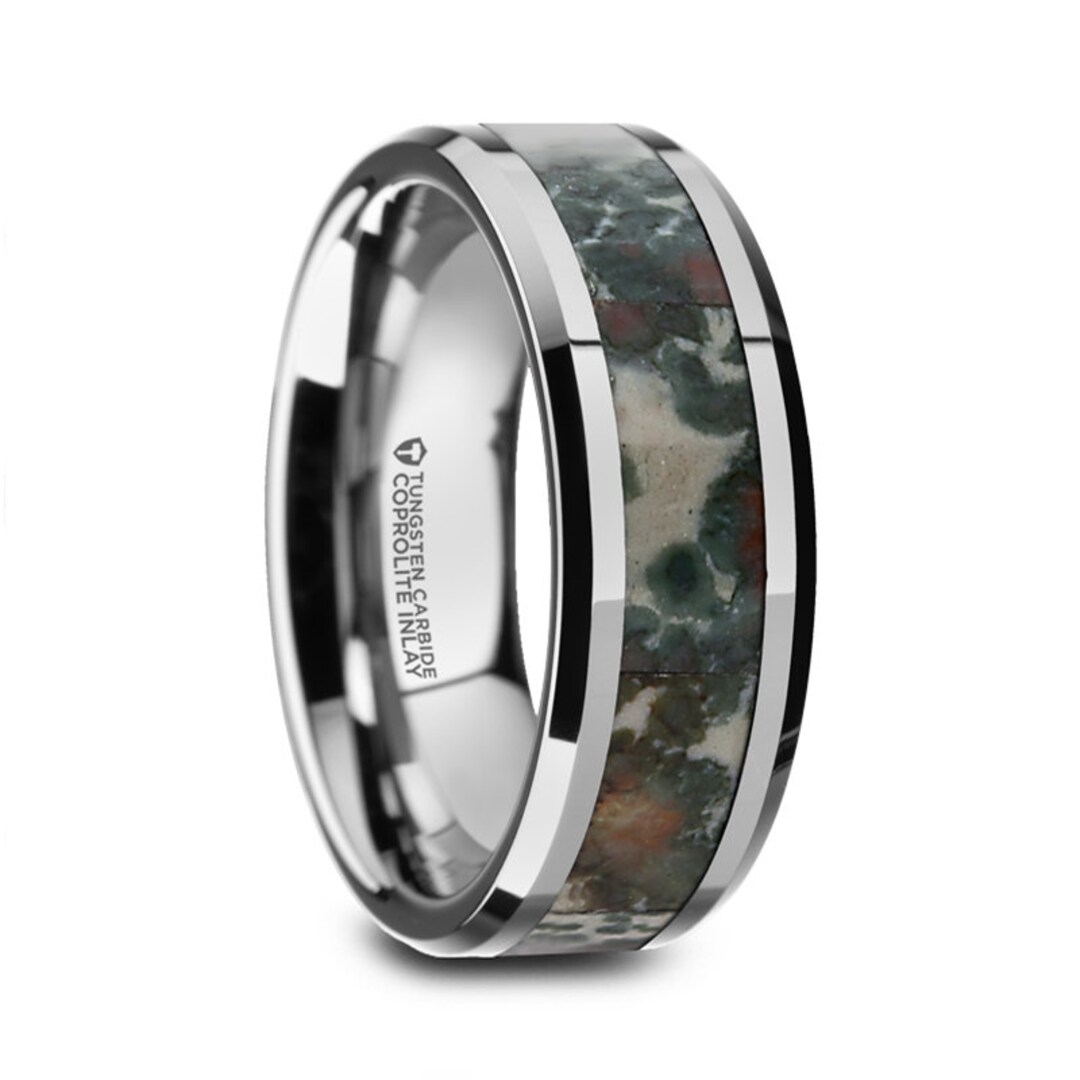 Coprolite Inlay Ring Dinosaur Wedding Band Beveled Tungsten - Etsy