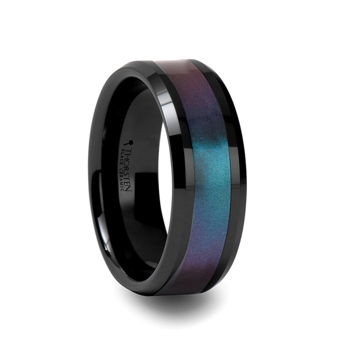 Color Changing Ring, Black Ceramic Band, Blue Purple Ring, Men's ...