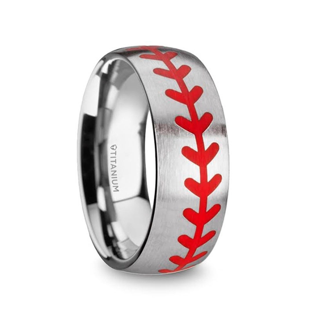 Titanium Brushed Finish Ring With Red Baseball World Series Stitching ...