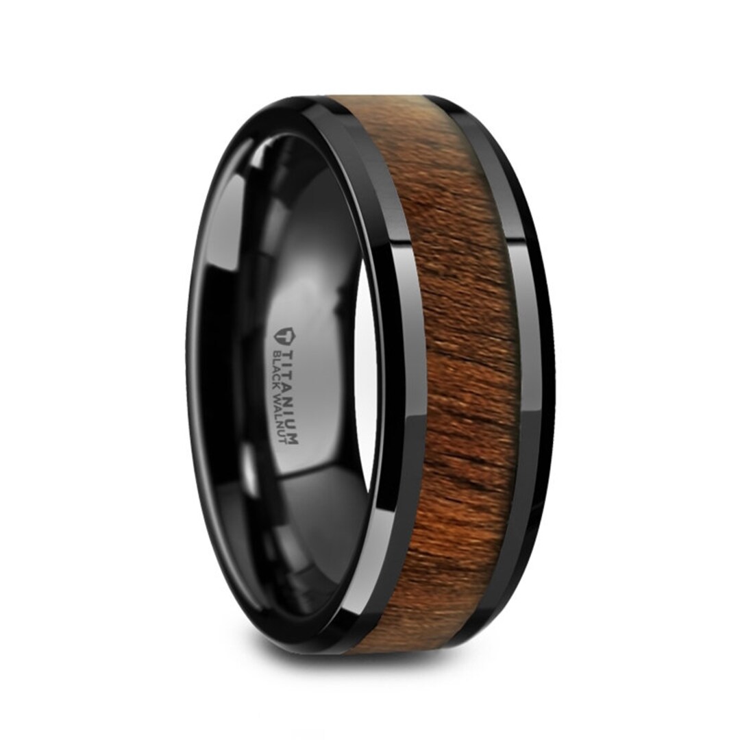 Timeless Wedding Band, Walnut Wood Ring, Black Titanium Ring, Men ...