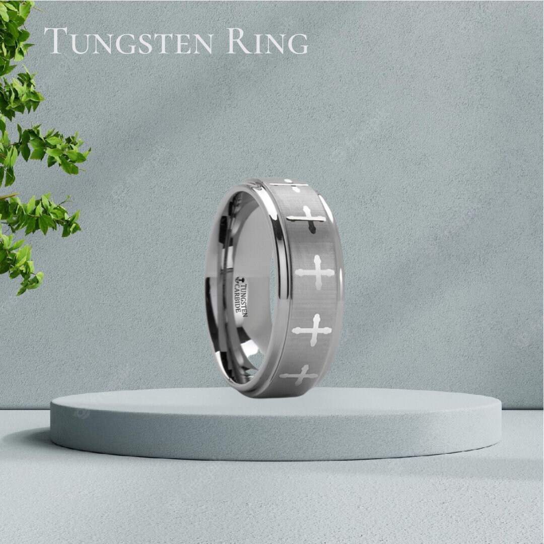 Engraved Cross Ring, Christian Wedding Band, Tungsten Carbide Ring ...