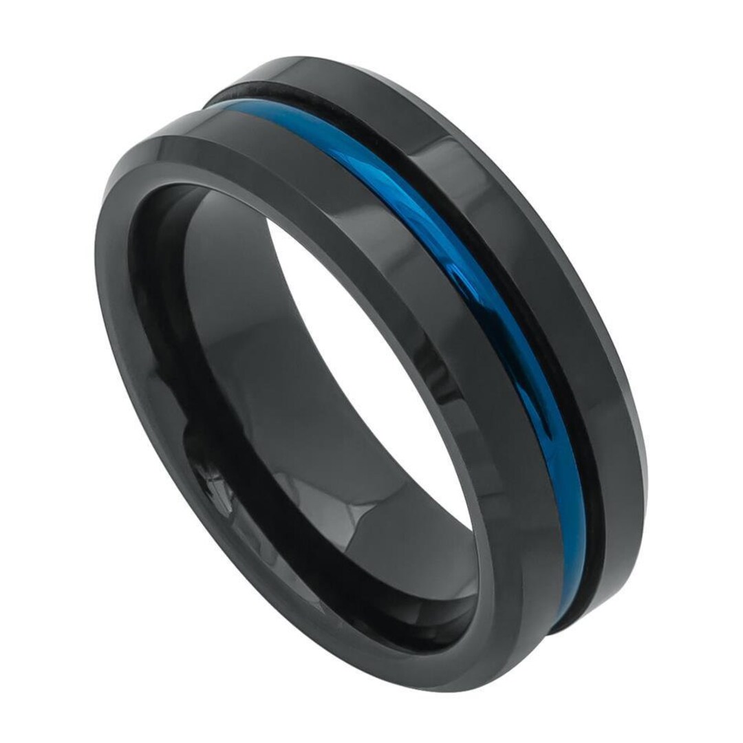 Thin Blue Line Ring, Black Wedding Band, Tungsten Carbide Ring ...