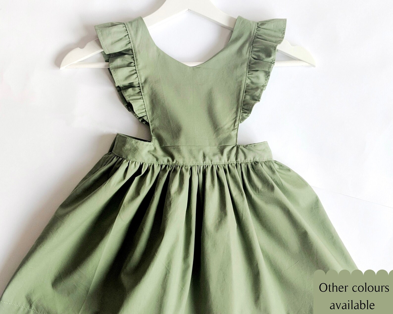 Girls Pinafore Dress. Sage Green Cotton Sundress With Flutter Sleeves ...