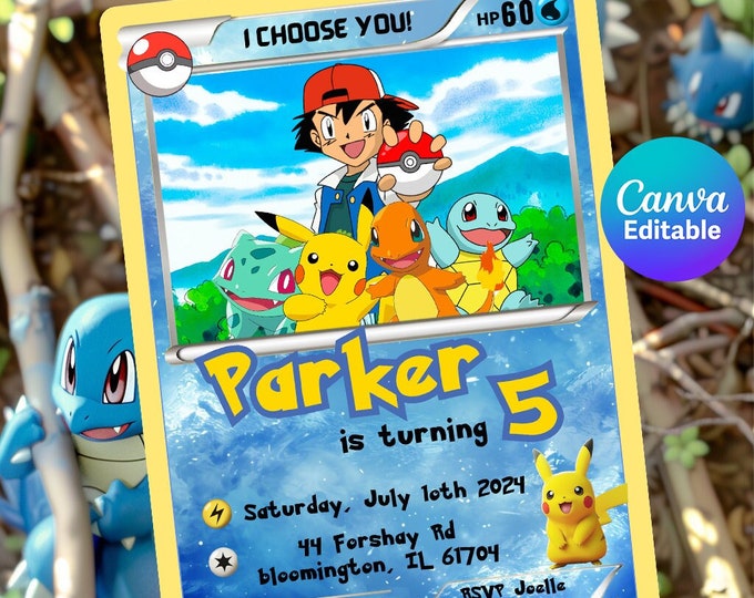 Editable Pokemon Card Invitation, Pokemon Birthday Invitation, Pikachu ...