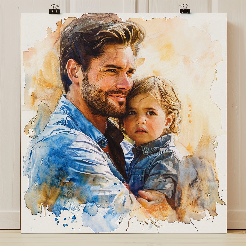 Watercolor Family Portrait, Father Son Painting Portrait From Photo ...