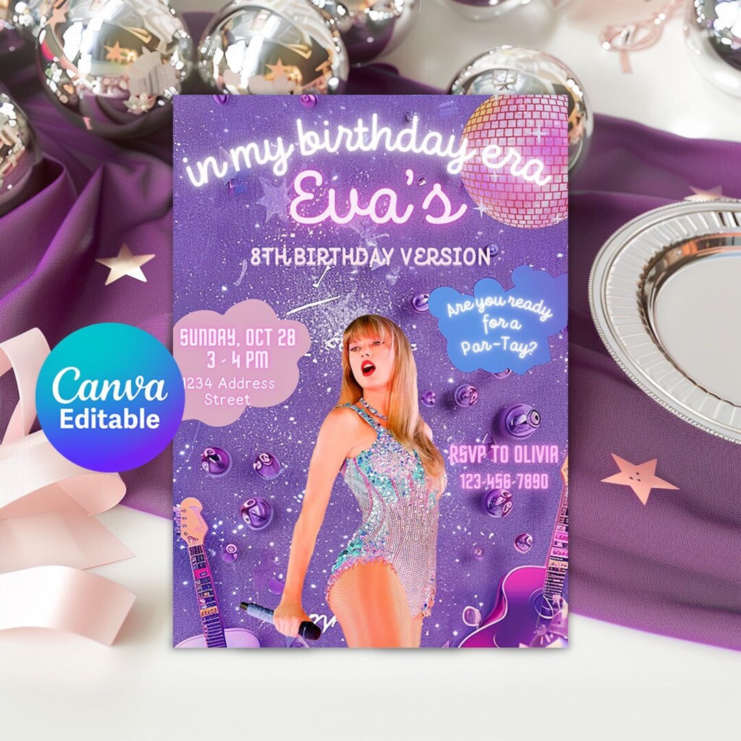 Editable Taylor Swift Birthday Invitation, Taylor Swift Birthday Card ...