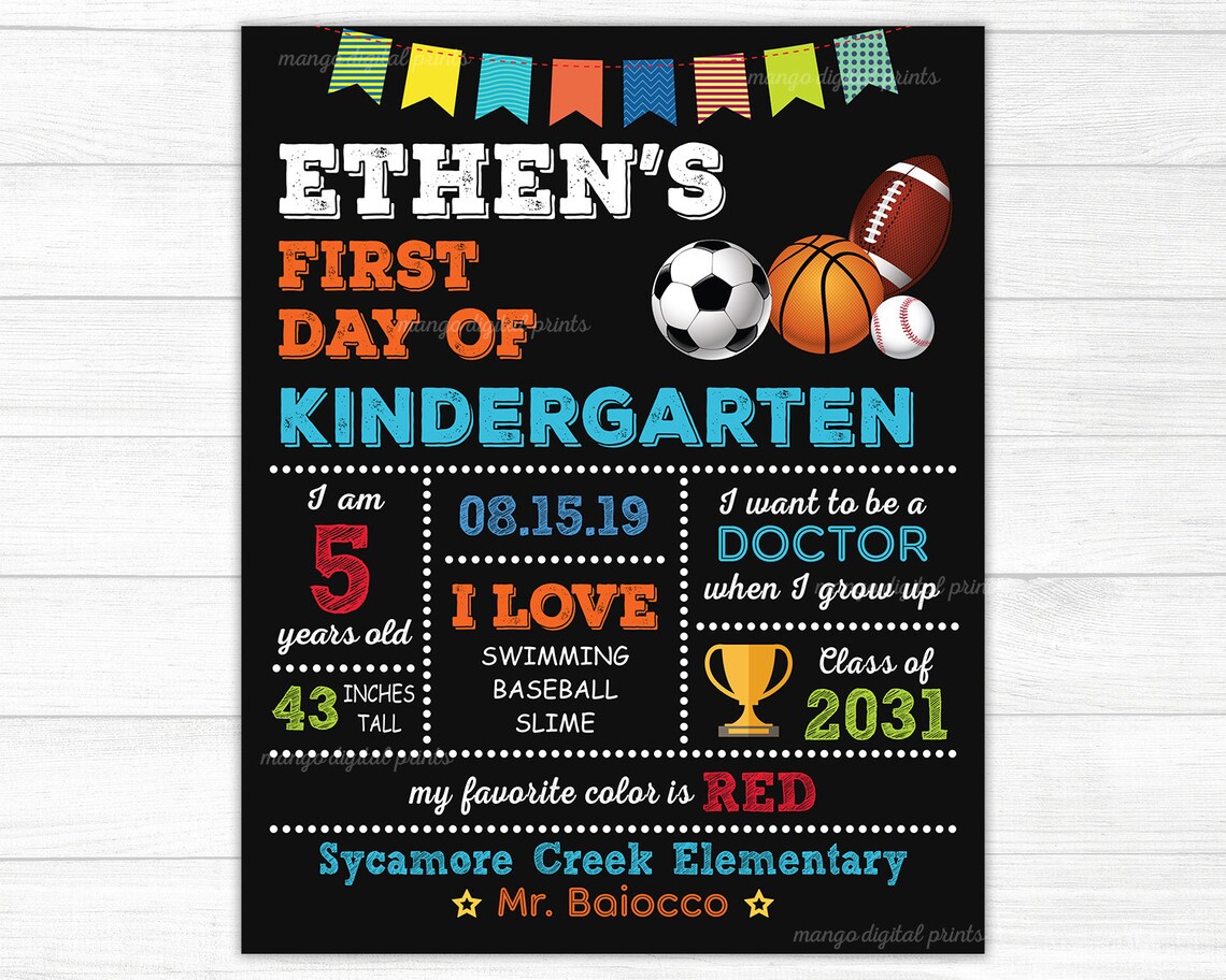 Boy First Day Of Kindergarten Sign Printable Instant Download | Etsy
