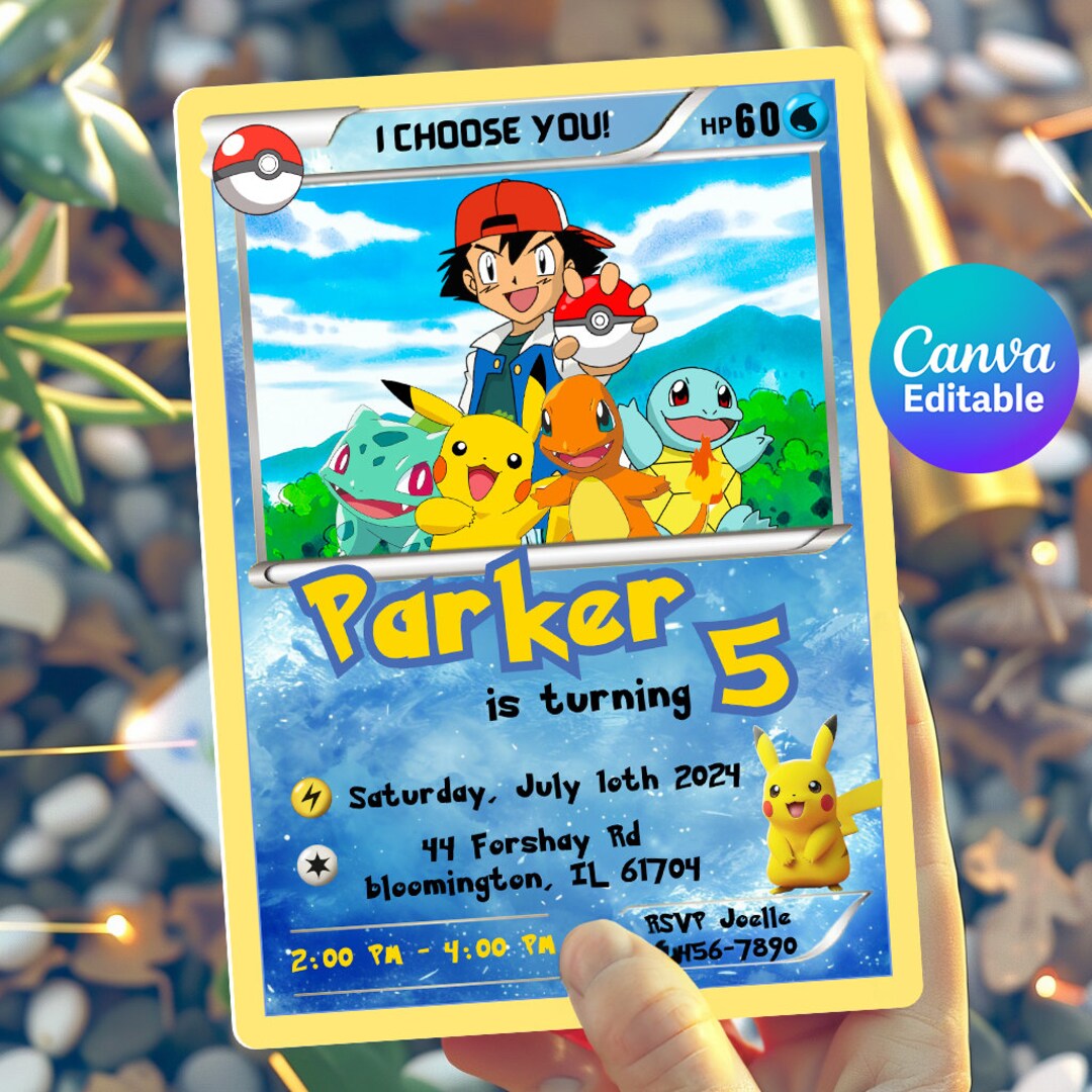 Pokemon Card Invitation, Editable Pokemon Birthday Invitation, Pikachu ...