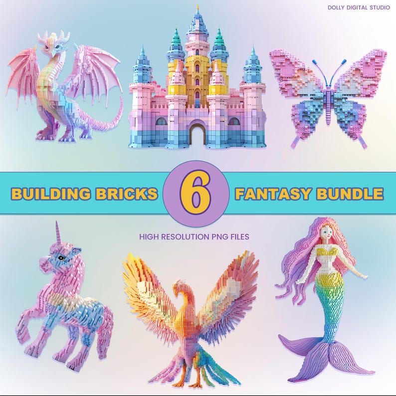 Kids Fairytale PNG Bundle, Building Bricks, Pastel, Fantasy Creatures ...