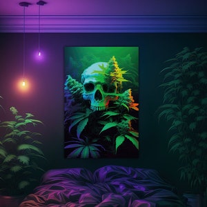 Trippy Tapestry Marijuana Skull V2 Colorful UV Backdrop Digital Painting Dark Tapestry ...