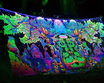 Trippy Tapestry Marijuana Astronaut and White Rabbit V1 Colorful UV Backdrop Dark Tapestry ...