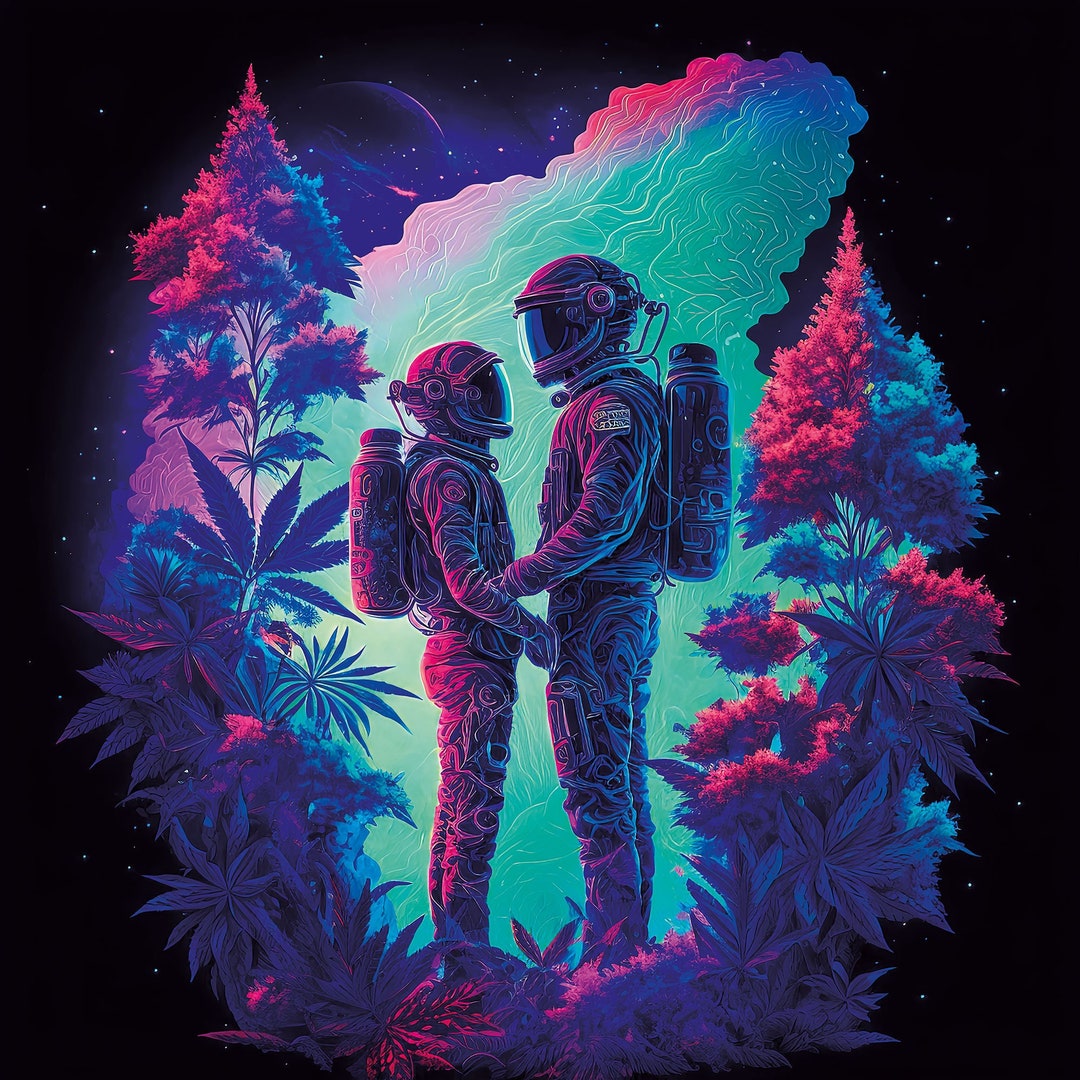 Stoner Valentine - Trippy Tapestry - Marijuana Astronauts Couple V1 - Colorful UV Backdrop ...