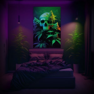 Trippy Tapestry Marijuana Skull V2 Colorful UV Backdrop Digital Painting Dark Tapestry ...