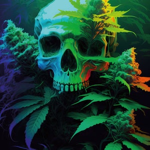 Trippy Tapestry Marijuana Skull V2 Colorful UV Backdrop Digital Painting Dark Tapestry ...
