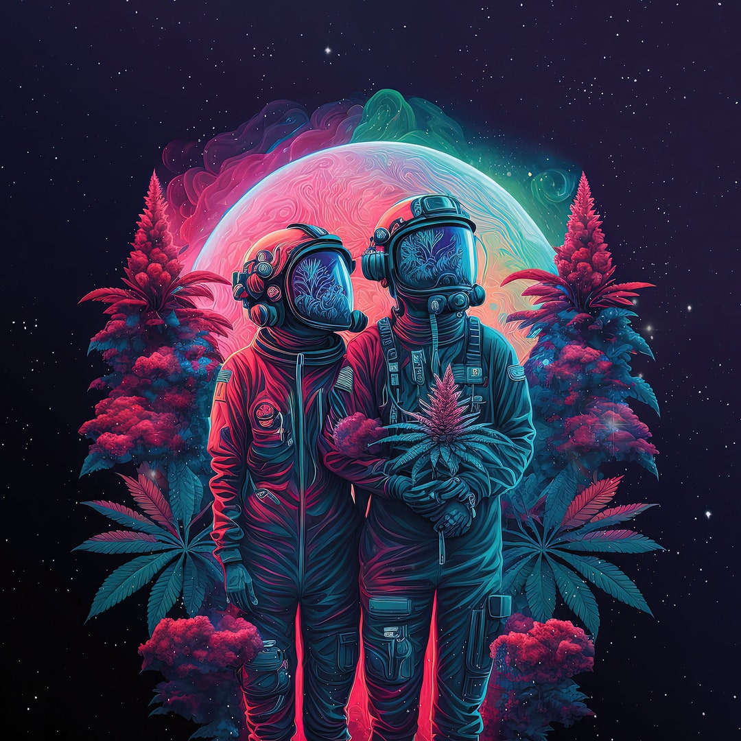 Stoner Valentine Trippy Tapestry Marijuana Astronauts Couple V2 Colorful UV Backdrop Psychedelic ...