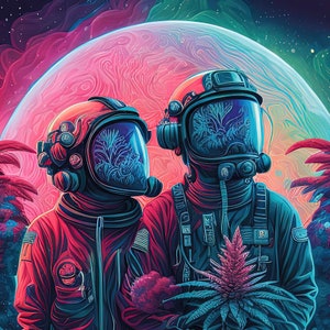 Stoner Valentine Trippy Tapestry Marijuana Astronauts Couple V2 Colorful UV Backdrop Psychedelic ...