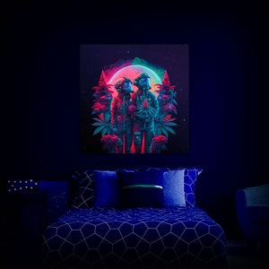Stoner Valentine Trippy Tapestry Marijuana Astronauts Couple V2 Colorful UV Backdrop Psychedelic ...