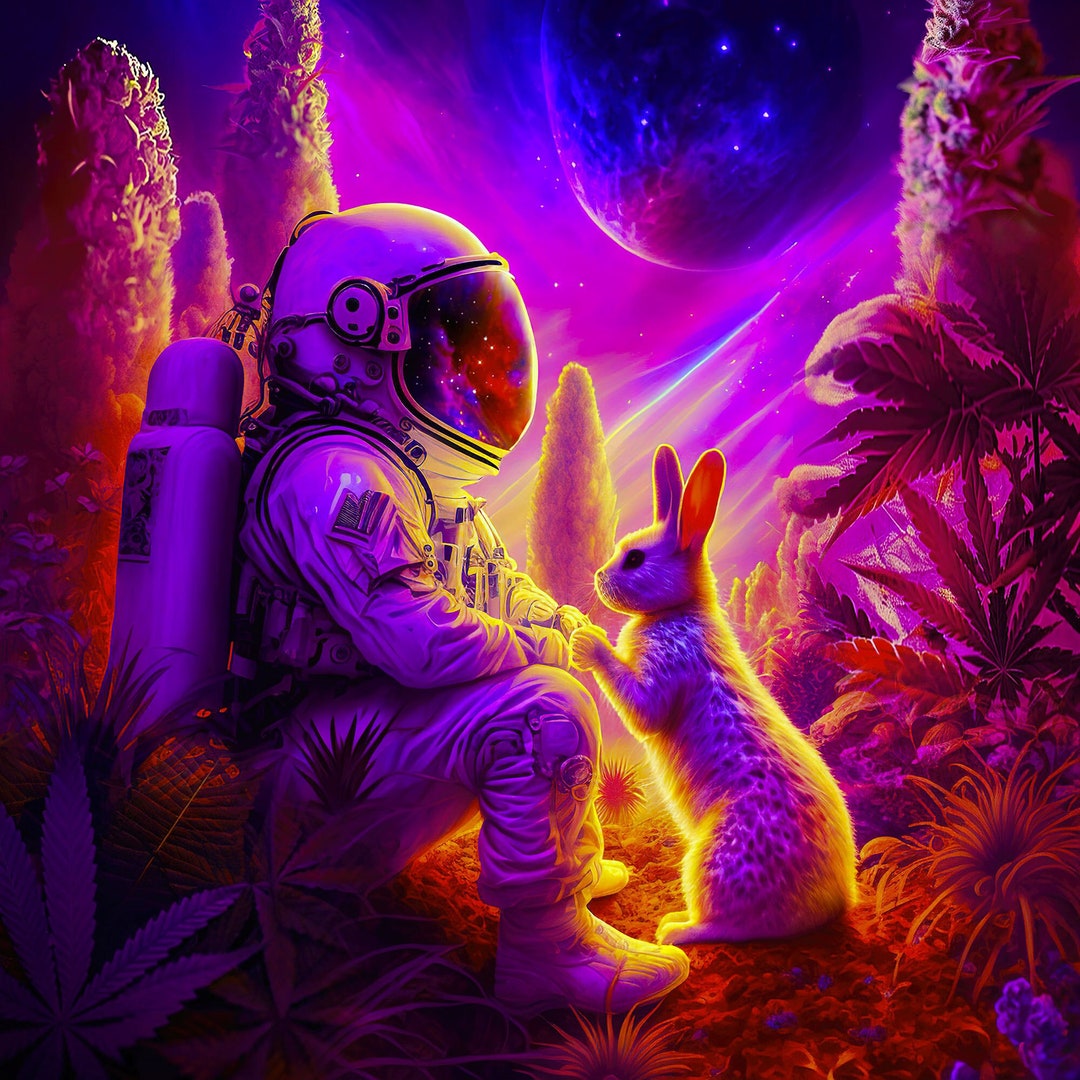 Trippy Tapestry - Marijuana Astronaut and White Rabbit V1 - Colorful UV Backdrop Dark Tapestry ...