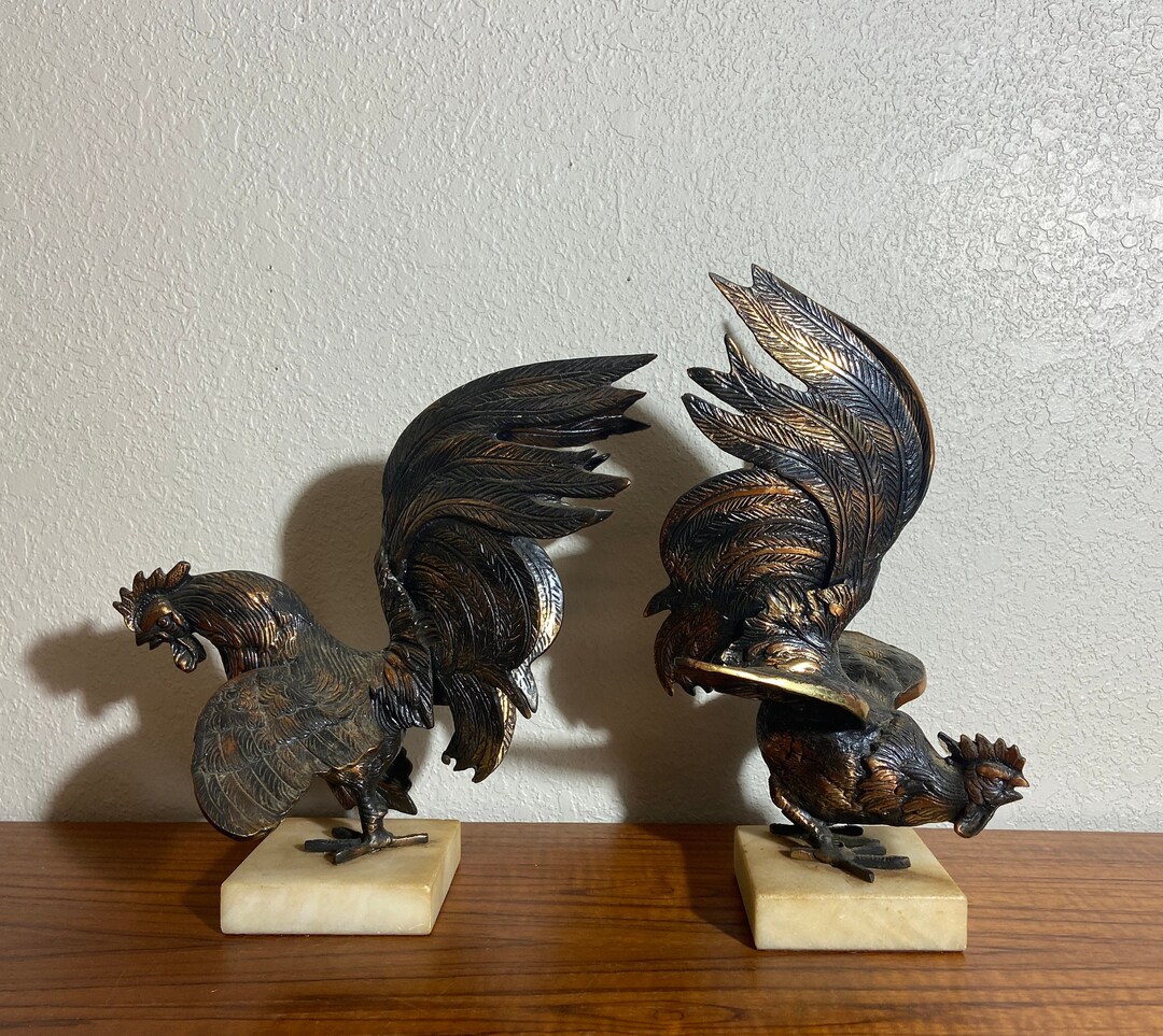 Pair of Copper Colored Metal Fighting Roosters on Marble Bases - Etsy
