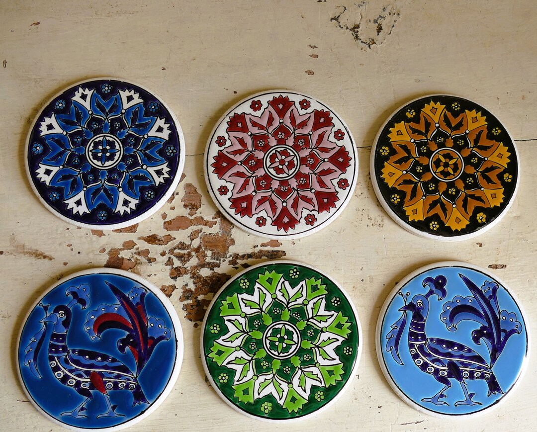 Old Ceramic Coaster Set, Wooden Stand, Mandala, Medallions, Crafts ...