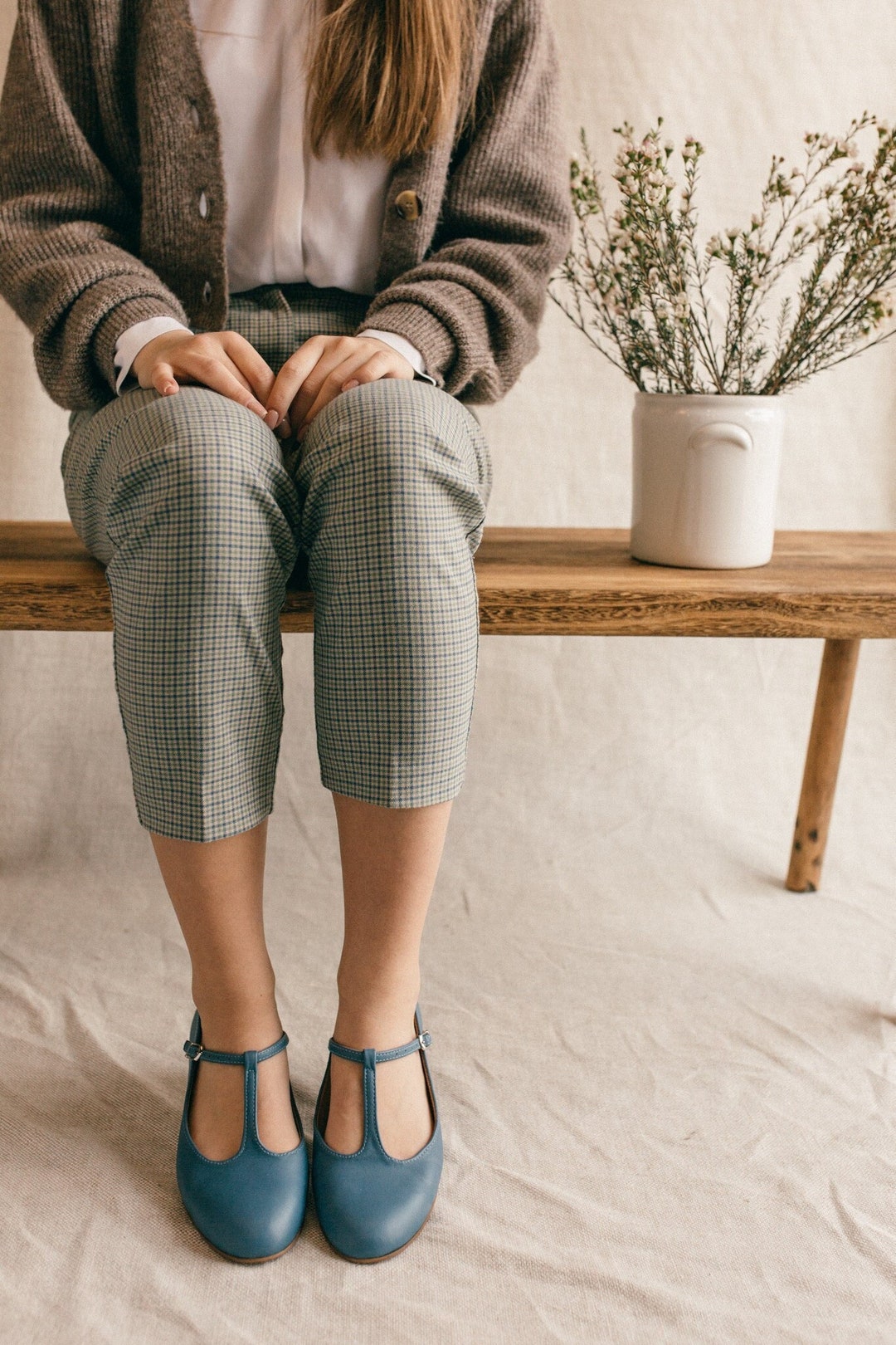 Retro Style Blue Genuine Leather Ballet Flats, T-bar Shoes, Mary Jane ...