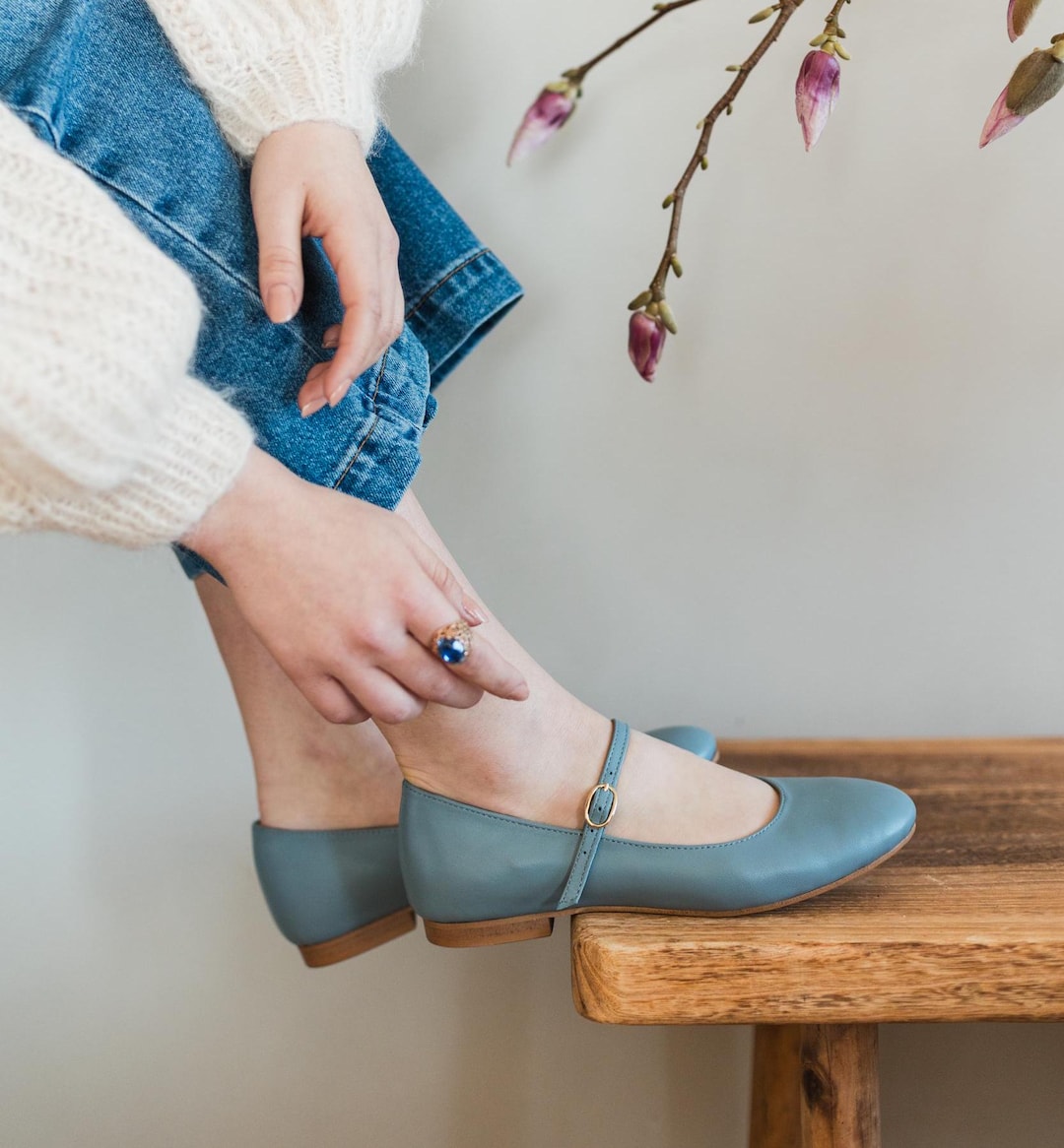 Handmade Mary-jane Ballet Flats: Dusty Blue Leather Retro Shoes - Etsy