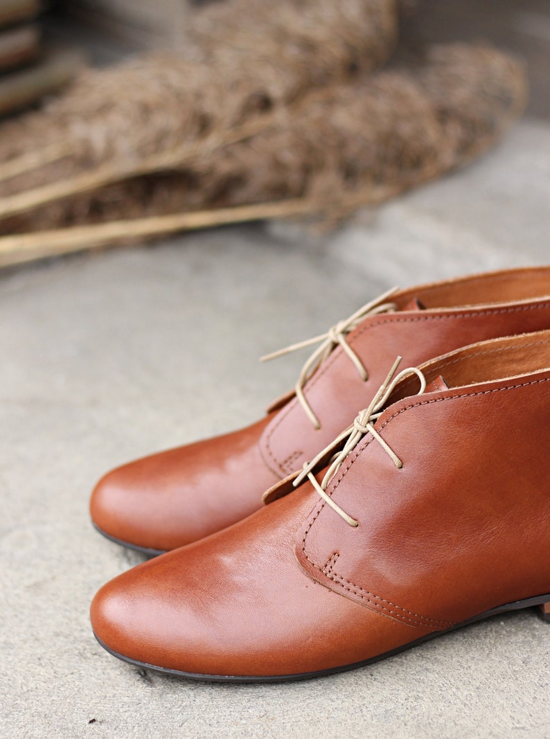 Retro Style Cognac Brown Genuine Leather Classic Booties | Etsy