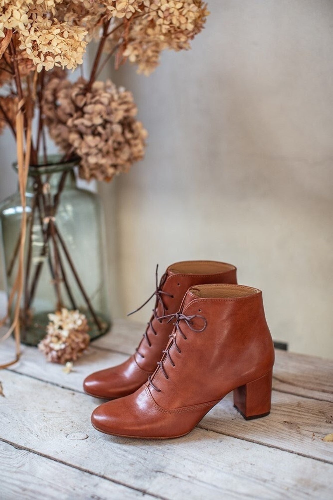 Retro Style Cognac Brown Genuine Leather High Heel Booties - Etsy
