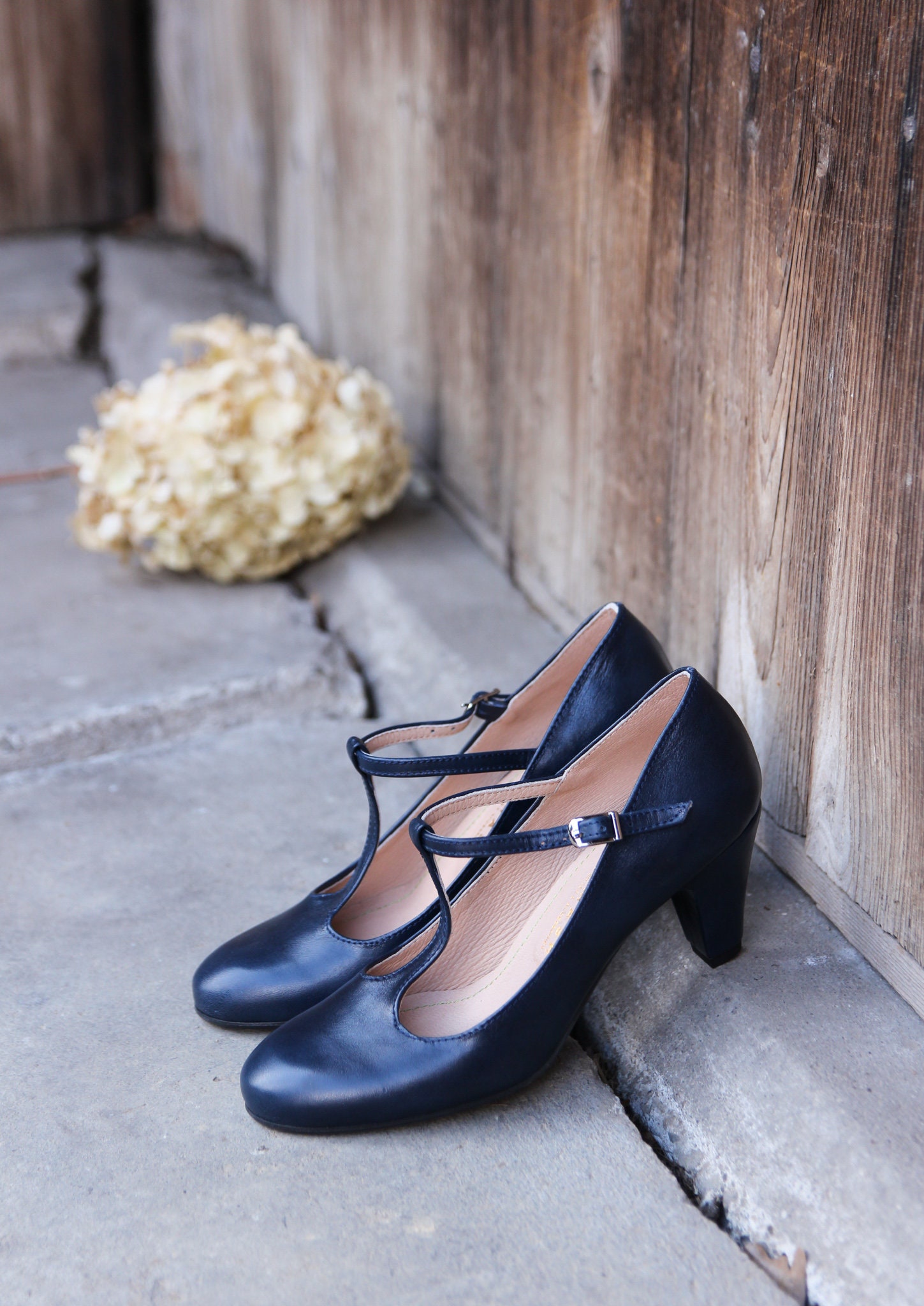 Retro Style Navy Blue Genuine Leather Mary Jane Heels Shoes | Etsy