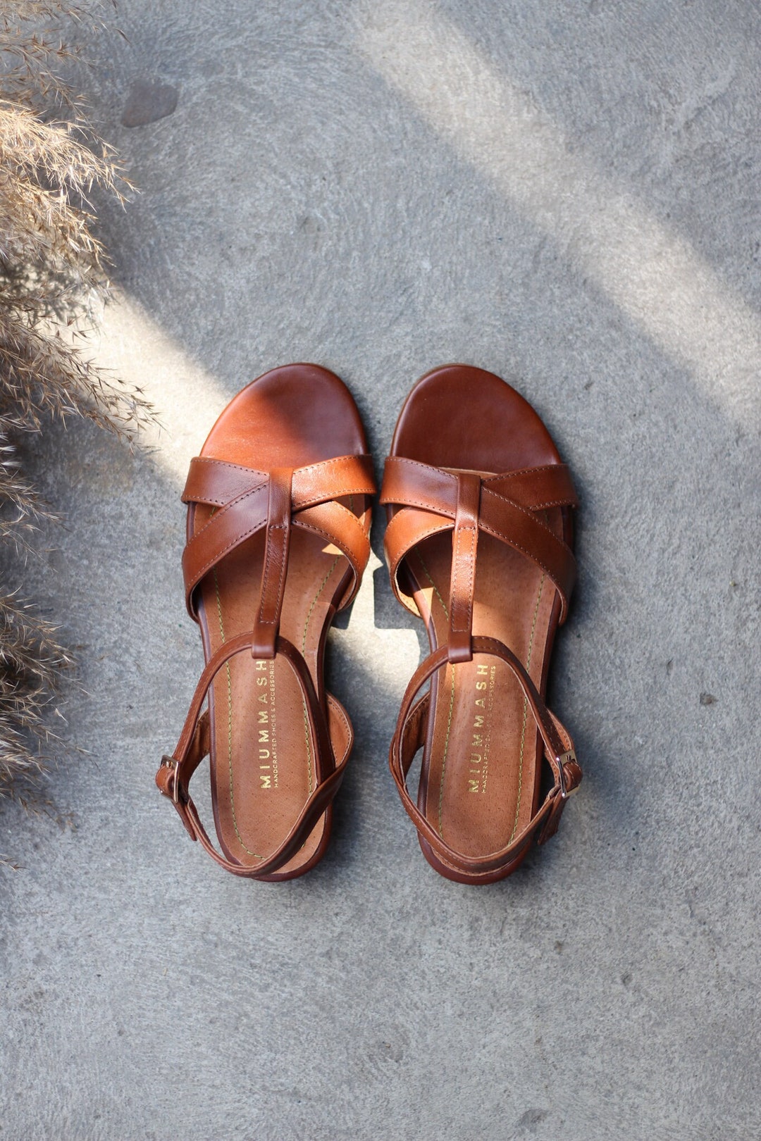 Women's Cognac Brown Leather Sandals, Retro Style Sandals, Summer Flats ...