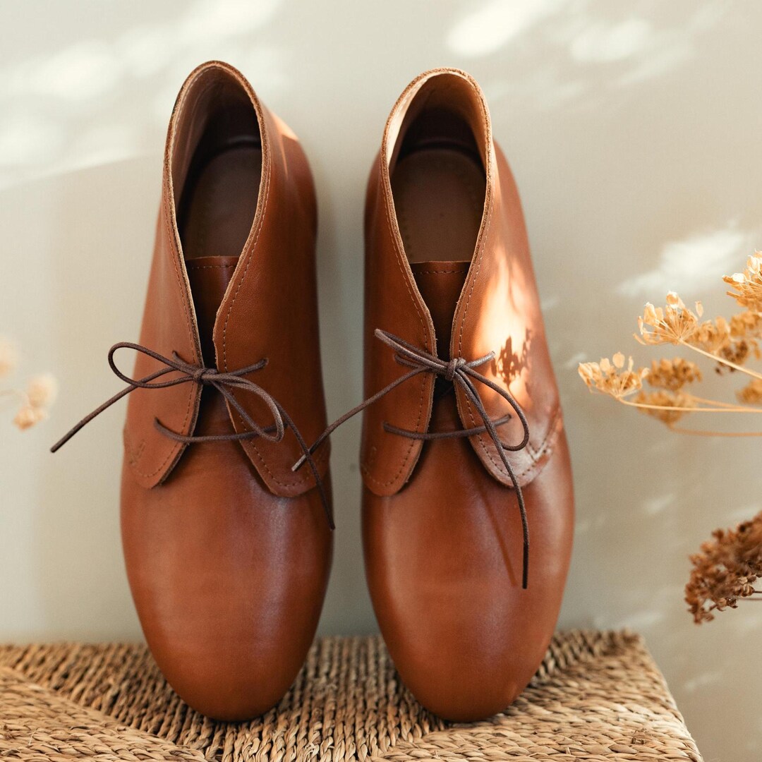 Retro Style Cognac Brown Genuine Leather, Classic Booties, Gift for Her ...